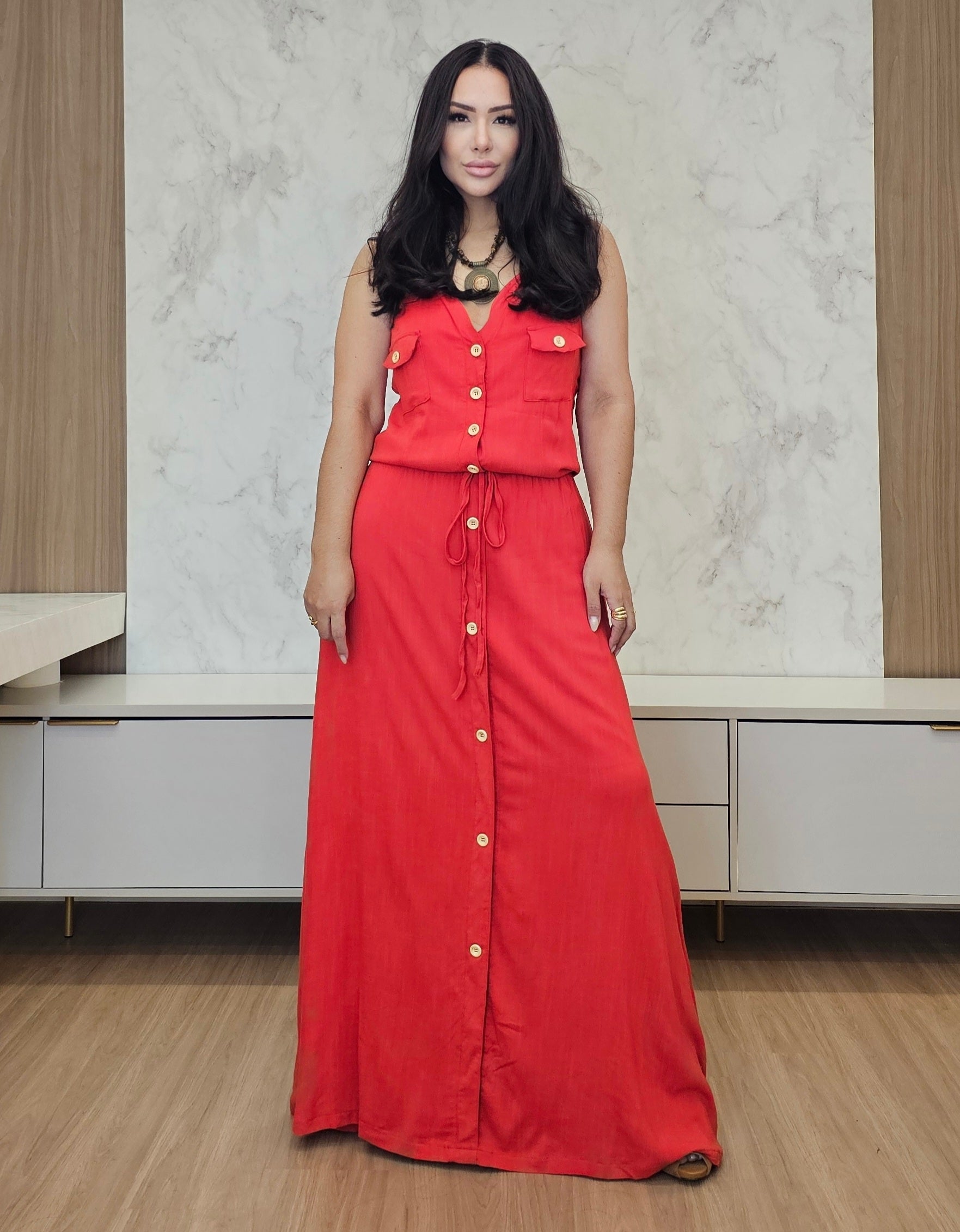 Vestido longo Telha com botões frontais